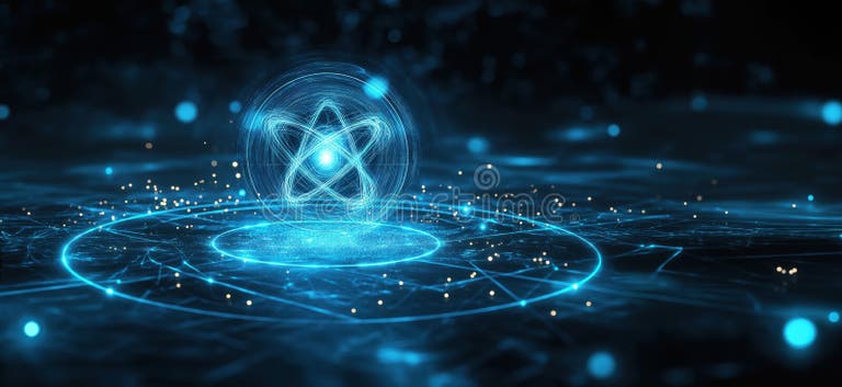 Futuristic Glowing Atom Symbol with Digital Particles and Abstract ...