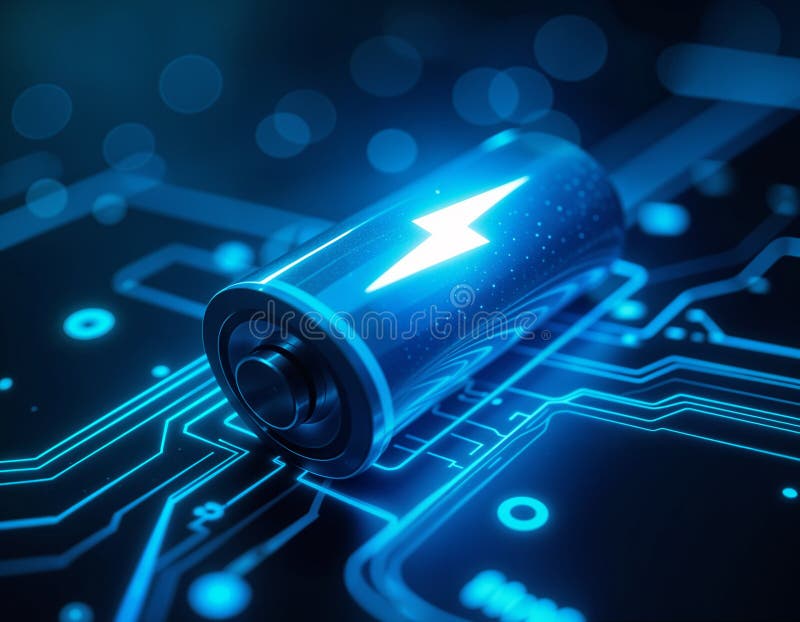 Futuristic Glowing Battery Icon on Circuit Board Background Stock ...