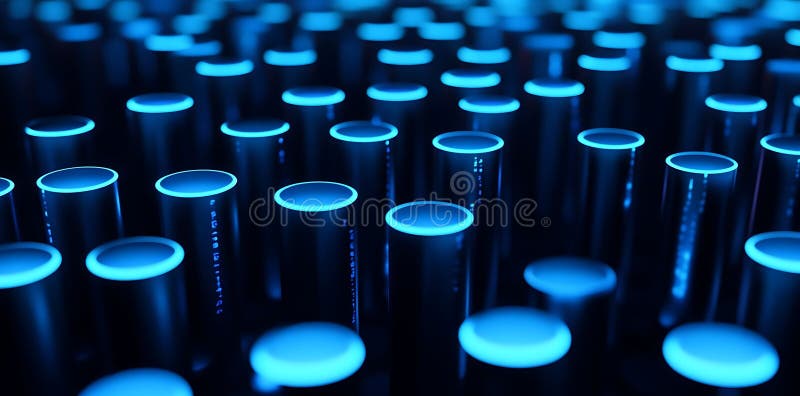Futuristic Glowing Blue Cylinders with Binary Code in Industrial High ...