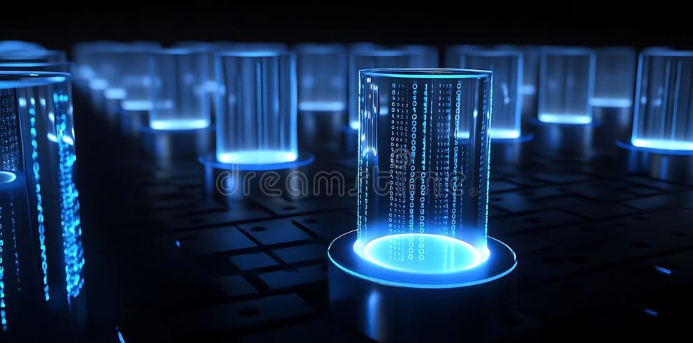 Futuristic Glowing Blue Cylinders with Binary Code in Industrial High ...