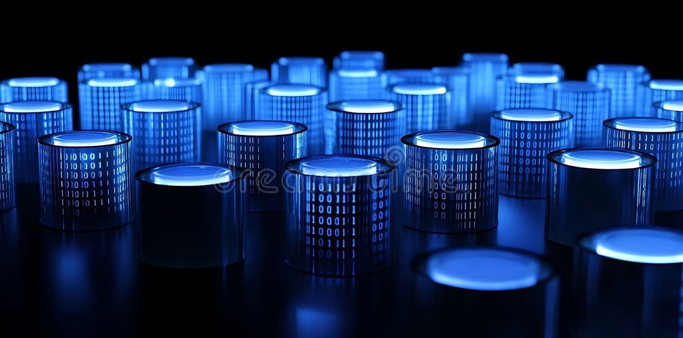 Futuristic Glowing Blue Cylinders with Binary Code in Industrial High ...