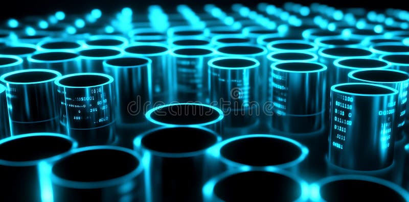 Futuristic Glowing Blue Cylinders with Binary Code in Industrial High ...