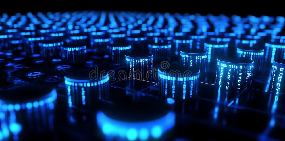 Futuristic Glowing Blue Cylinders with Binary Code in Industrial High ...