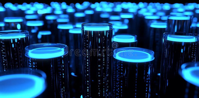 Futuristic Glowing Blue Cylinders with Binary Code in Industrial High ...