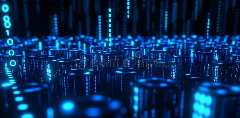Futuristic Glowing Blue Cylinders with Binary Code in Industrial High ...