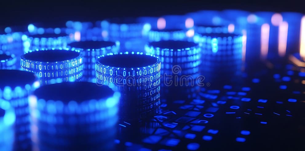 Futuristic Glowing Blue Cylinders with Binary Code in Industrial High ...