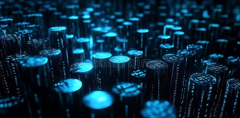 Futuristic Glowing Blue Cylinders with Binary Code in Industrial High ...