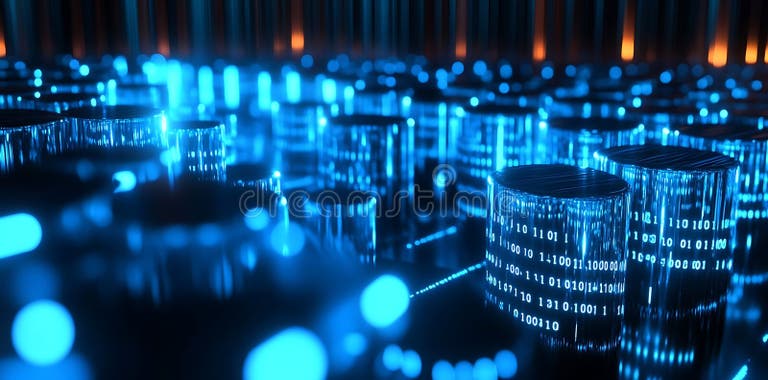 Futuristic Glowing Blue Cylinders with Binary Code in Industrial High ...