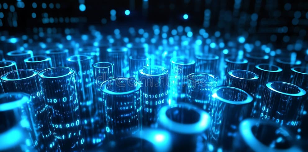 Futuristic Glowing Blue Cylinders with Binary Code in Industrial High ...