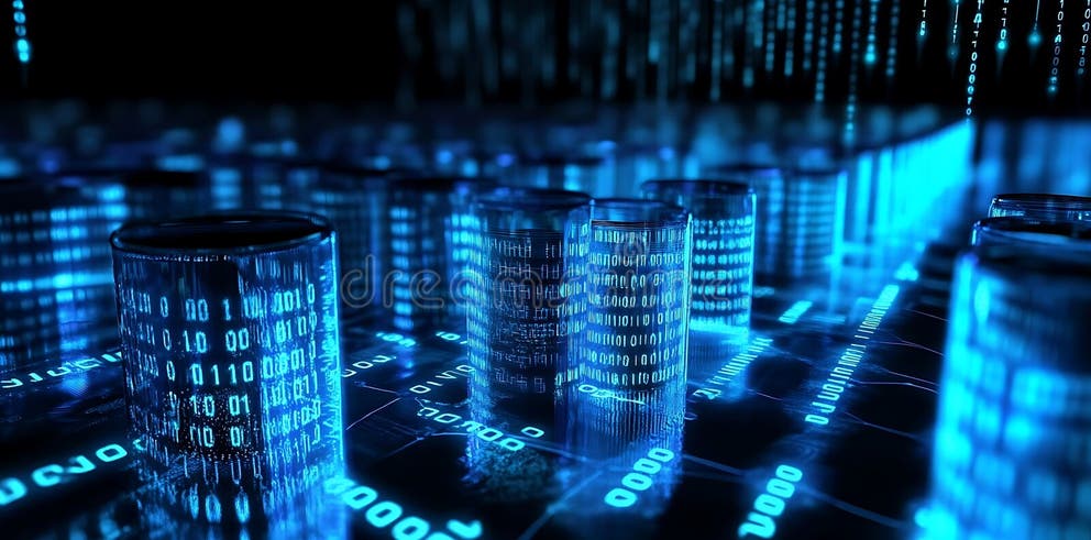 Futuristic Glowing Blue Cylinders with Binary Code in Industrial High ...