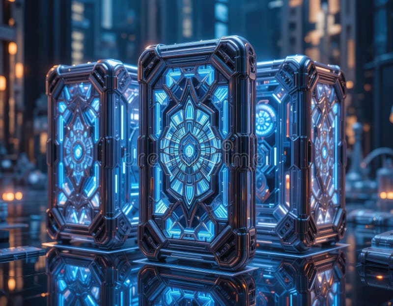 Futuristic Glowing Blue Devices on Reflective Surface in Cityscape ...