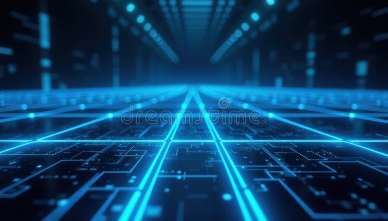Futuristic Glowing Blue Digital Grid Perspective Stock Photo - Image of ...