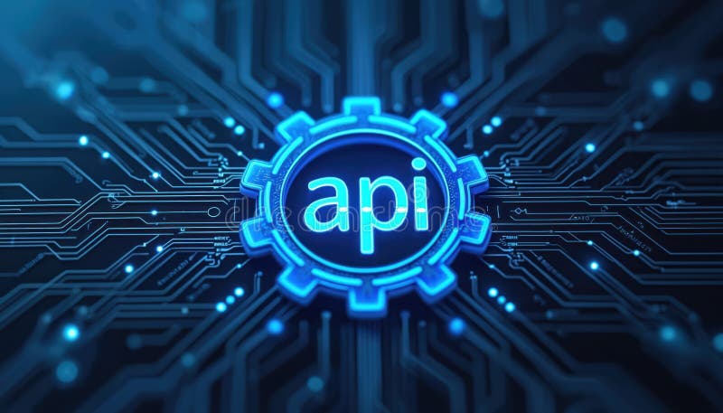 Futuristic Glowing Blue Gear with API Symbol on Circuit Board. Tech ...