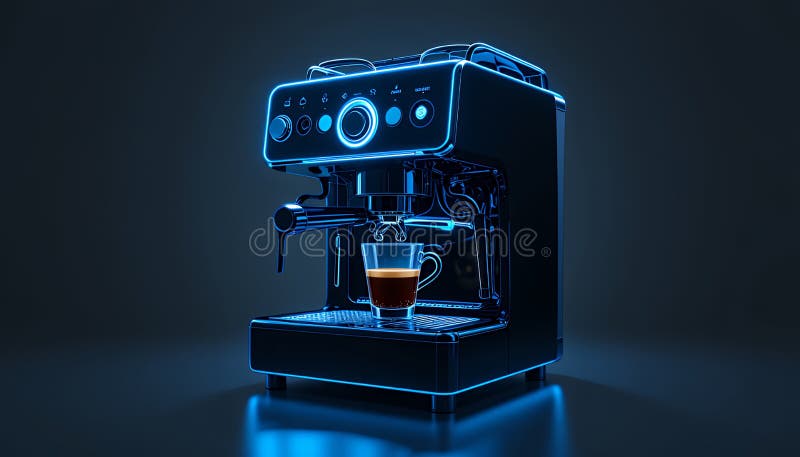 Glowing Blue Neon Espresso Machine Brewing Coffee on Dark Reflective ...