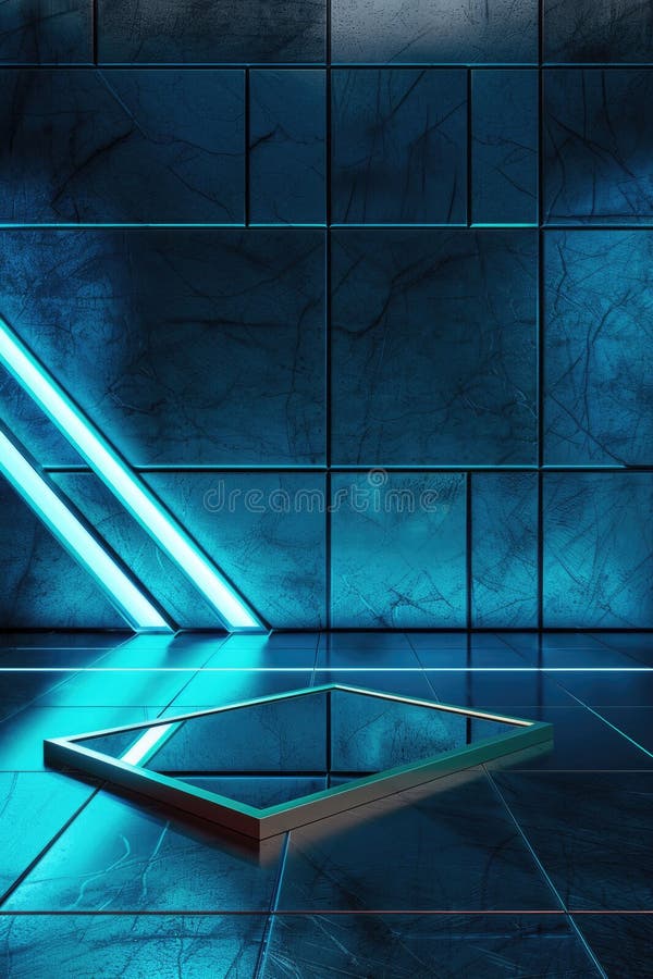Futuristic Glowing Blue Neon Lights Illuminating a Floating Rectangular ...