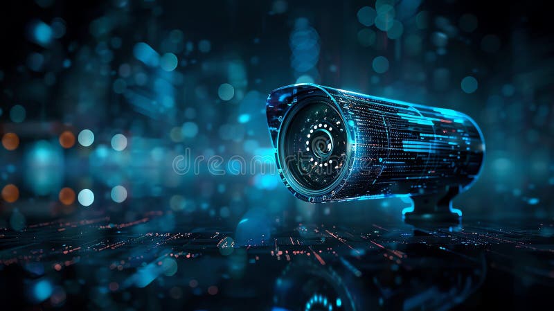 A Futuristic, Glowing Blue Security Camera Against a Dark Background ...
