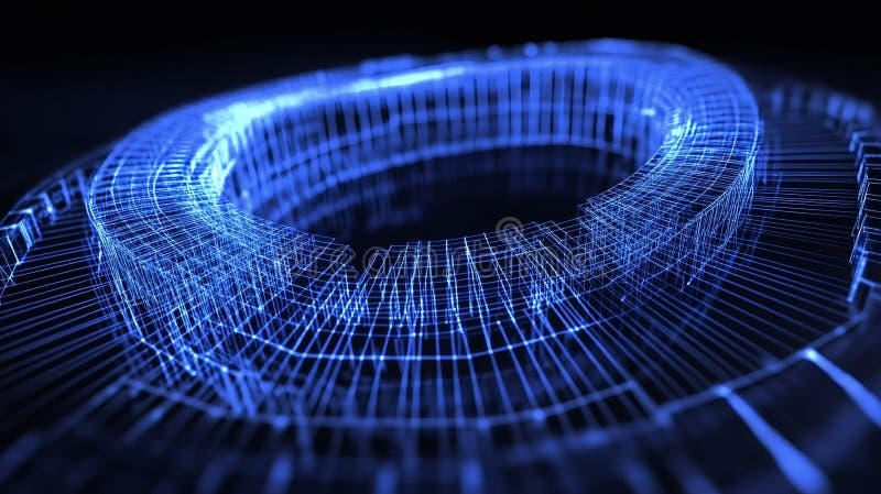 Futuristic Glowing Blue Wireframe Mesh Ring Rotating in Digital Space ...