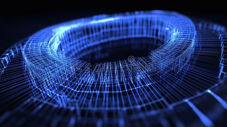 Futuristic Glowing Blue Wireframe Mesh Ring Rotating in Digital Space ...