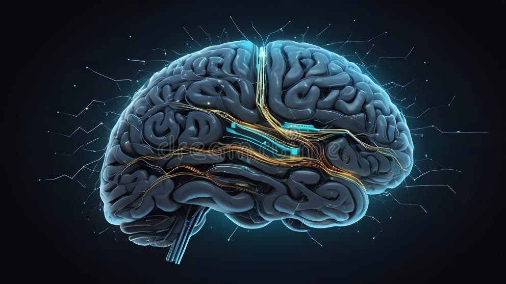 Futuristic Glowing Brain Made of Circuitry and Neural Pathways Floating ...