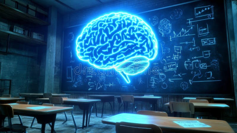 Futuristic Glowing Brain in Modern Classroom with Equations Stock Photo ...