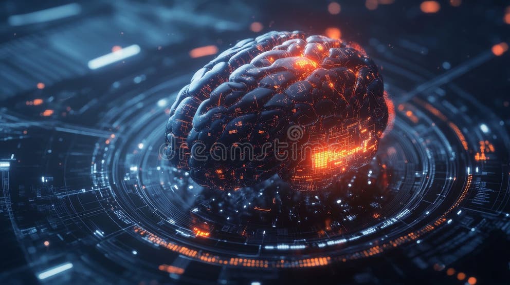 Futuristic Glowing Brain Surrounded by Digital Tech Elements Stock ...