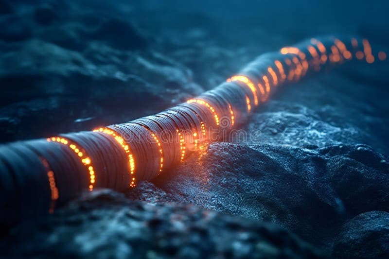 Futuristic Glowing Cable Transmitting Data through Dark Alien Landscape ...