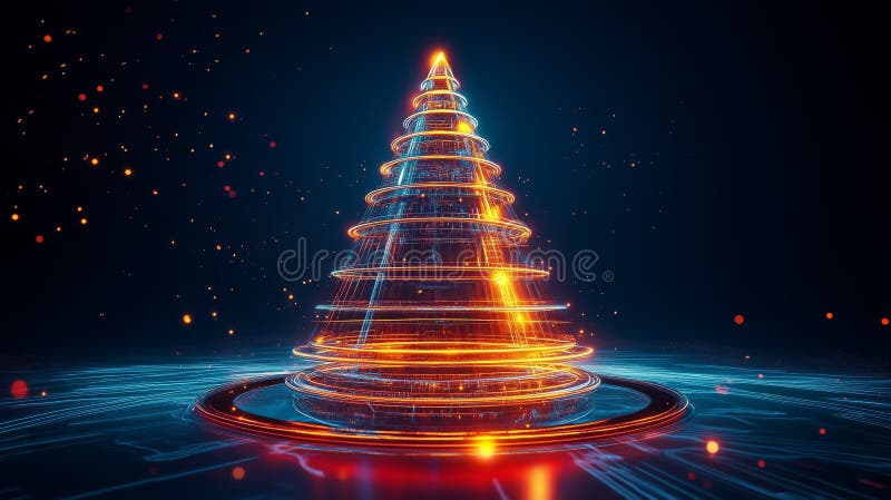 Futuristic Glowing Christmas Tree with Spiraling Lights on a Dark ...