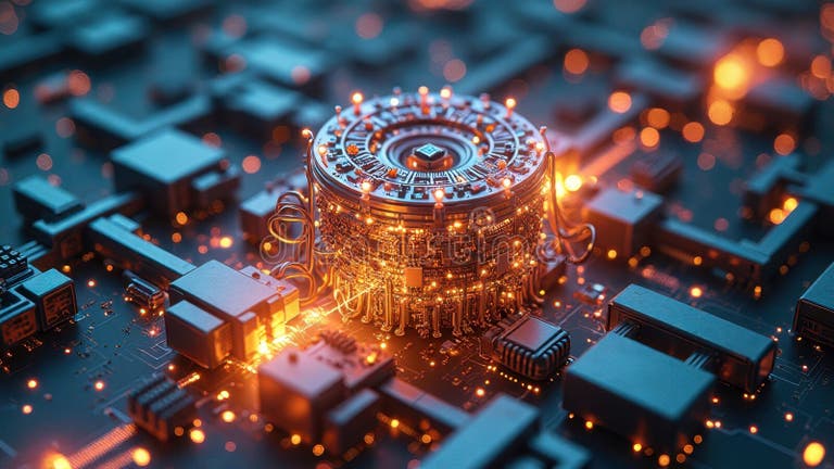 Futuristic Glowing Circuit Board with Illuminated Core and Connected ...