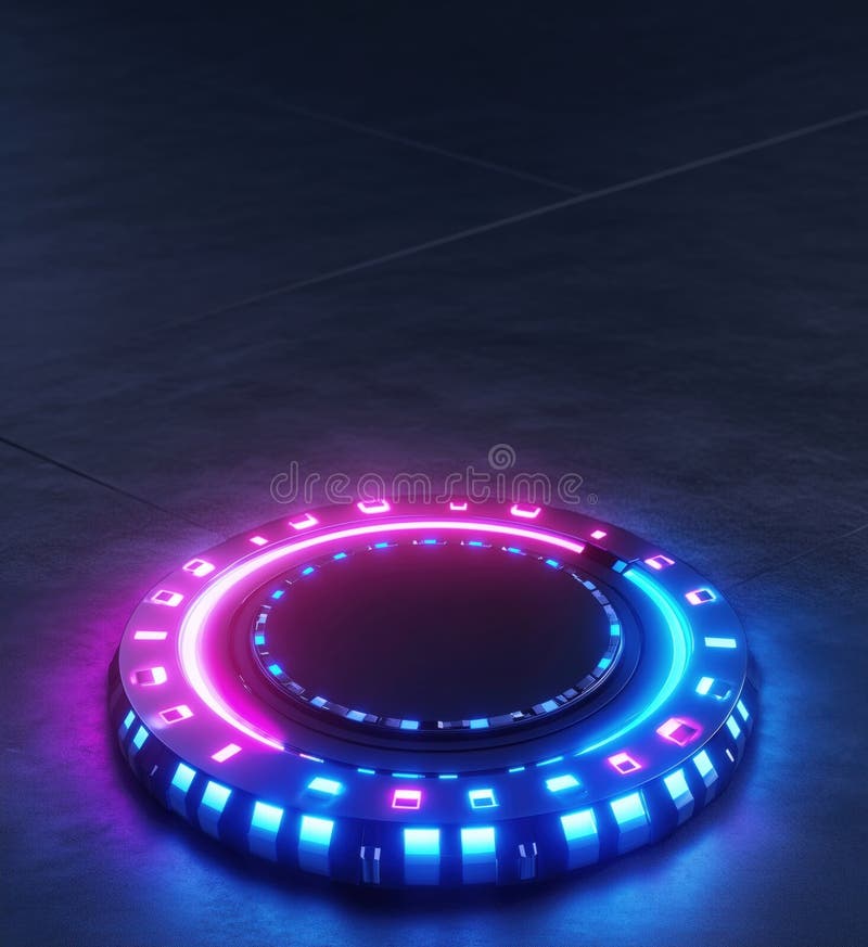 Futuristic Glowing Circular Platform with Neon Blue and Pink Lights ...