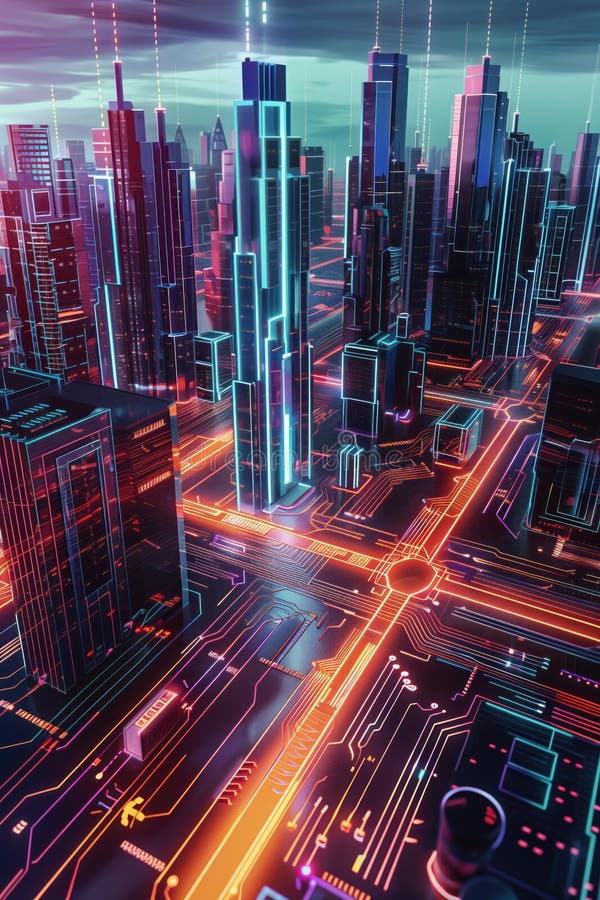 Futuristic Glowing City Built on a Giant Glowing Circuit Board ...