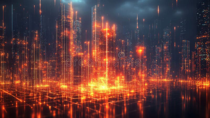 Futuristic Glowing City at Night Stock Illustration - Illustration of ...