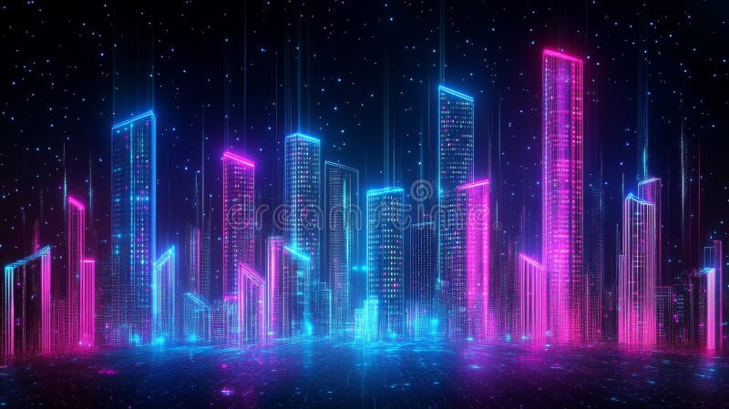 Futuristic Glowing Cityscape at Night with Pink and Blue Neon Lights ...