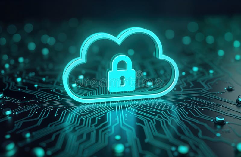 Futuristic Glowing Cloud Icon with Padlock. Cloud Computing Security Concept. Abstract ...
