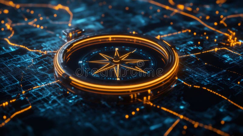Futuristic Glowing Compass Pointing North on Digital City Map Stock ...