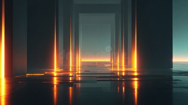 Generative AI Futuristic Glowing Corridor with Tall Reflective Pillars ...