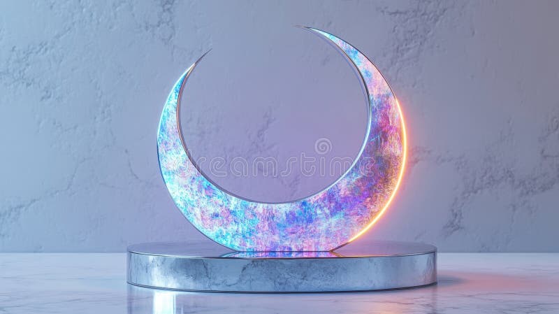 Futuristic Glowing Crescent Moon Display on Elegant Stand Stock Photo ...