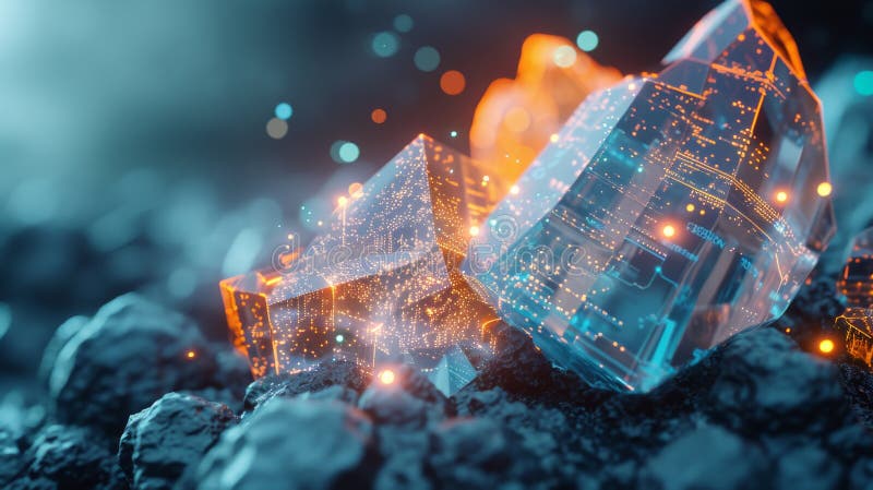 Futuristic Glowing Crystals with Digital Circuitry Details Stock Photo ...