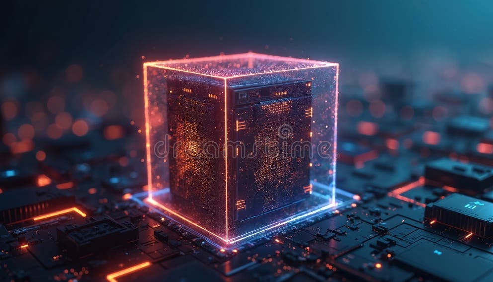 Futuristic Glowing Cube with Circuit Lines Digital Data. Represents Cyber Security System ...