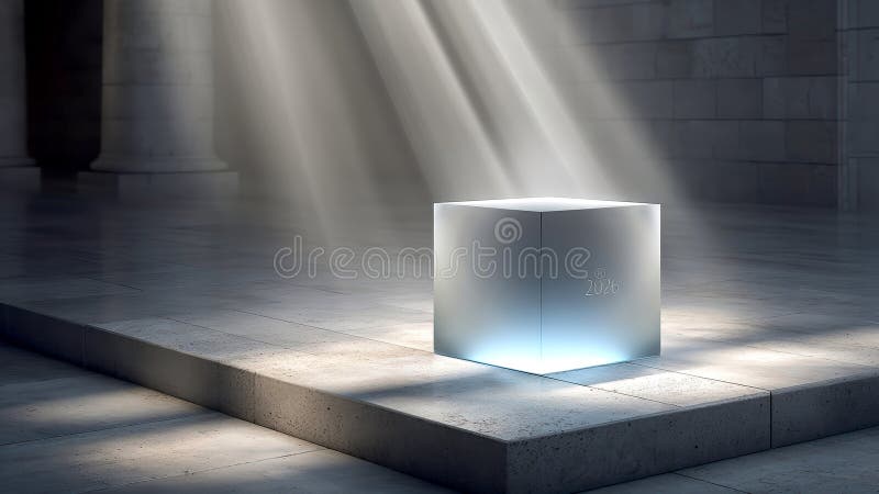 Futuristic Glowing Cube on 2026 Concrete Pedestal with Dramatic Shadows ...