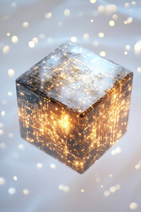 Futuristic Glowing Cube with Digital Circuitry Pattern and Sparkling ...
