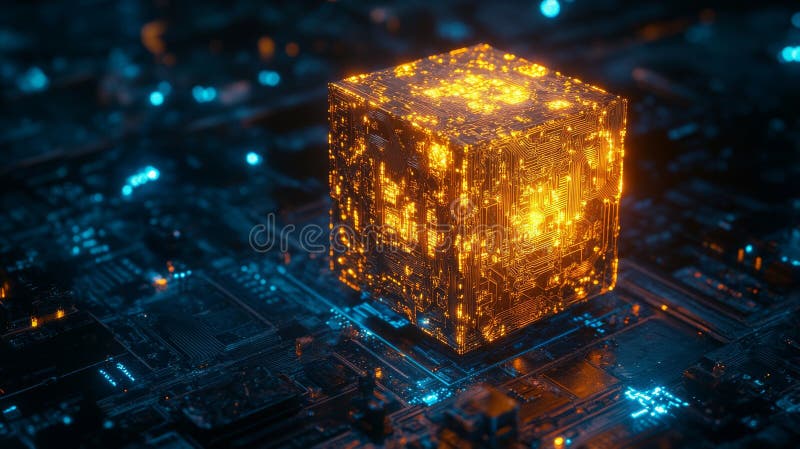 Futuristic Glowing Cube on High-tech Motherboard Stock Illustration ...