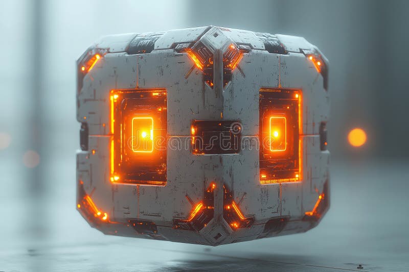 Futuristic Glowing Cube in a Misty Urban Environment Reflecting ...