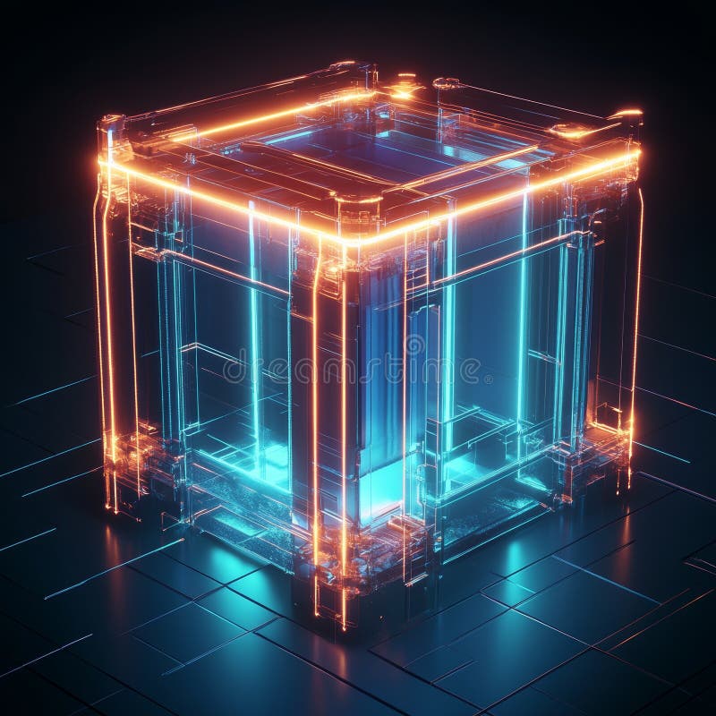Futuristic Glowing Cube with Neon Accents in a Dark Environment Stock ...