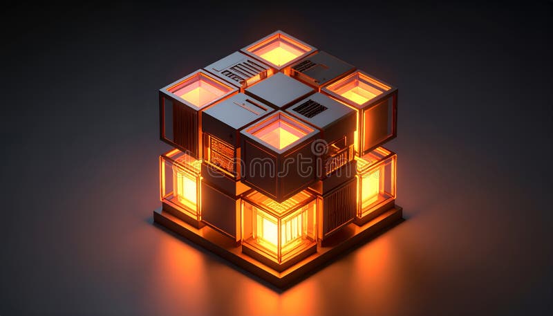 Futuristic Glowing Cube with Orange Light Stock Illustration ...