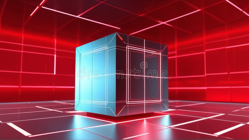 Futuristic Glowing Cube in Red and Blue Neon Lit Environment Stock ...