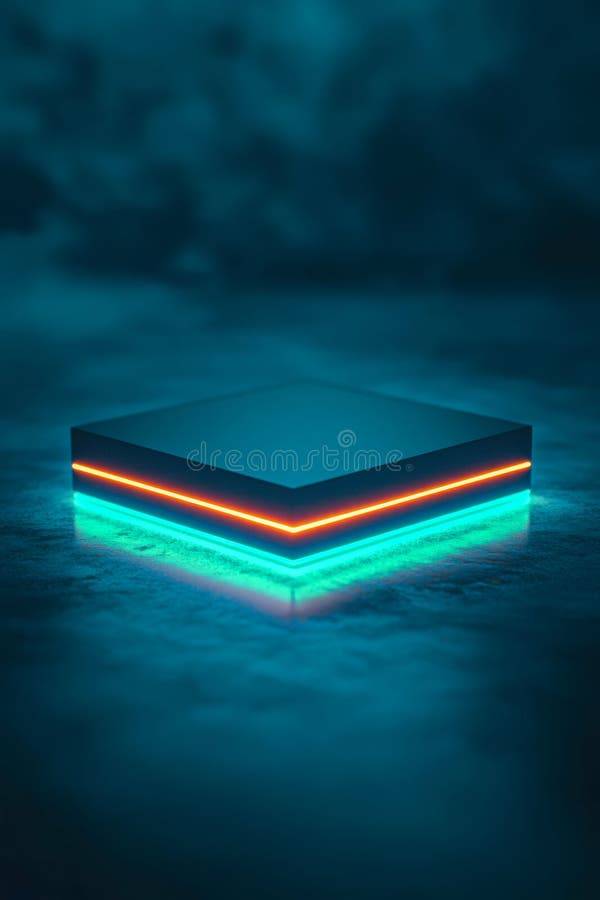 Futuristic Glowing Cube on Reflective Surface with Neon Blue and Orange ...