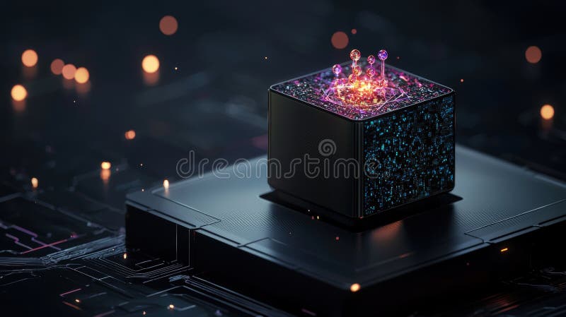 Futuristic Glowing Cube with Vibrant Elements on a Circuit Board Stock ...