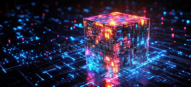Futuristic Glowing Cube with Vibrant Lights on Digital Circuit ...