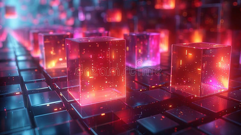 Futuristic Glowing Cubes on a Digital Grid, 3d Render. Sci-fi and ...