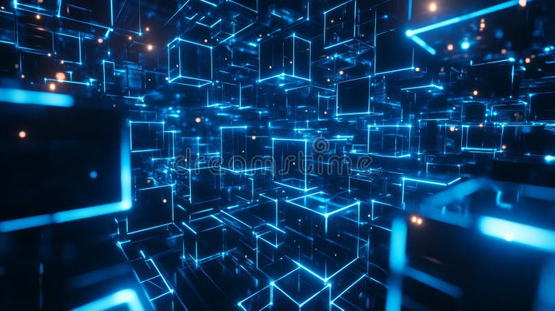 Futuristic Glowing Cubes Floating in a Cyber Grid Environment Stock ...